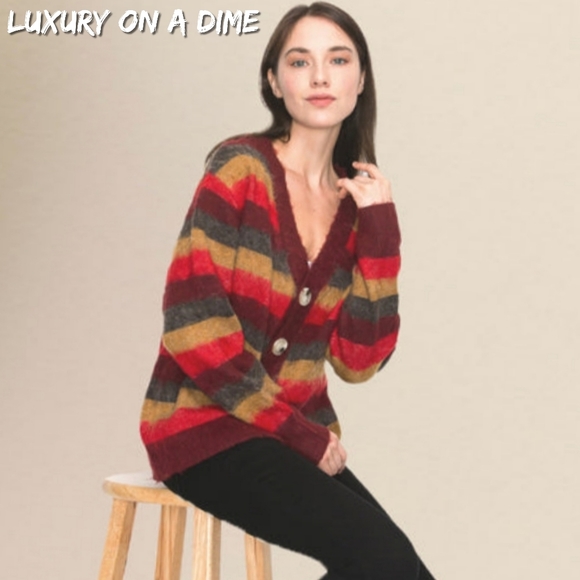 Sweaters | Bold Knit Fuzzy Wool Blend Button Front Classic Retro Stripe ...